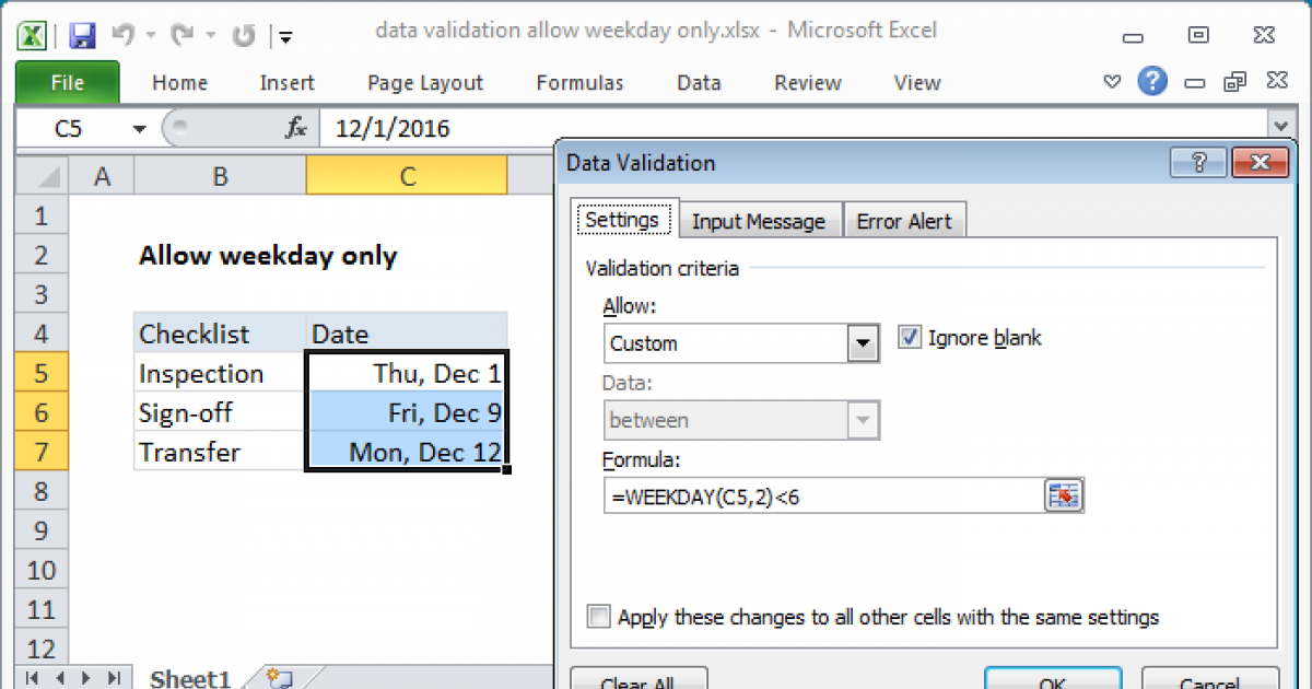 Data validation allow weekday only - Excel formula | Exceljet